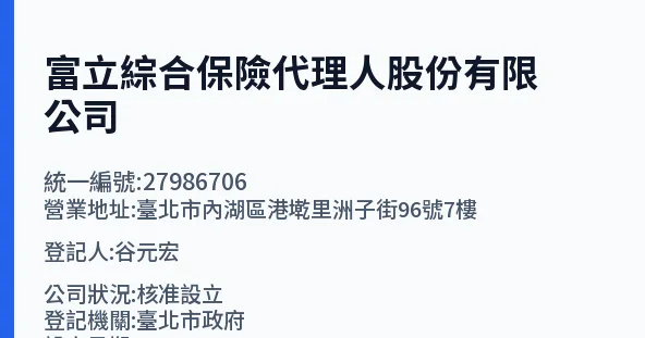 富立綜合保險代理人股份有限公司的照片-統編 27986706(臺北市) 公司登記資料與營業項目詳細圖表