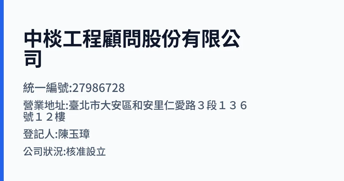 中棪工程顧問股份有限公司 - 統編 27986728(臺北市) 公司登記資料與營業項目詳細圖表