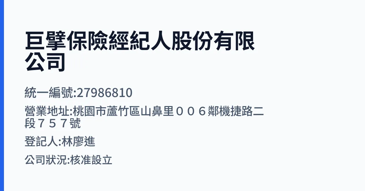 巨擘保險經紀人股份有限公司 - 統編 27986810(桃園市) 公司登記資料與營業項目詳細圖表