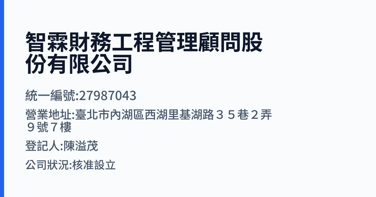 智霖財務工程管理顧問股份有限公司 - 統編 27987043(臺北市) 公司登記資料與營業項目詳細圖表