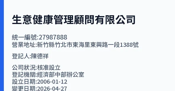生意健康管理顧問有限公司的照片-統編 27987888(新竹縣) 公司登記資料與營業項目詳細圖表