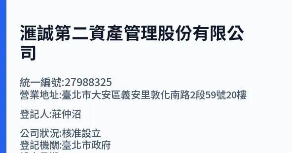 滙誠第二資產管理股份有限公司的照片-統編 27988325(臺北市) 公司登記資料與營業項目詳細圖表