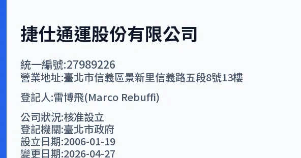 捷仕通運股份有限公司的照片-統編 27989226(臺北市) 公司登記資料與營業項目詳細圖表