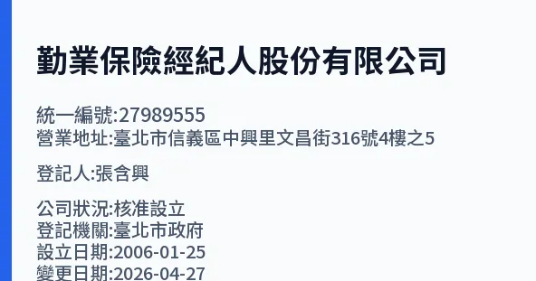 勤業保險經紀人股份有限公司的照片-統編 27989555(臺北市) 公司登記資料與營業項目詳細圖表