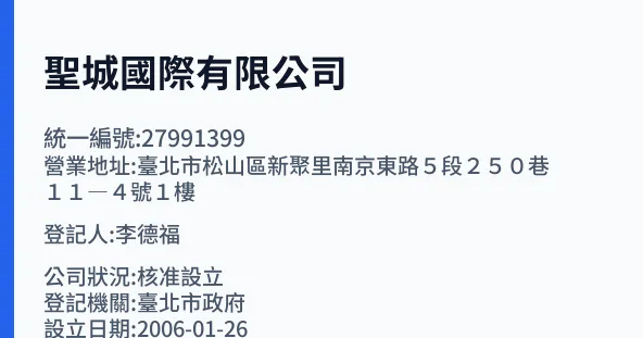 聖城國際有限公司的照片-統編 27991399(臺北市) 公司登記資料與營業項目詳細圖表