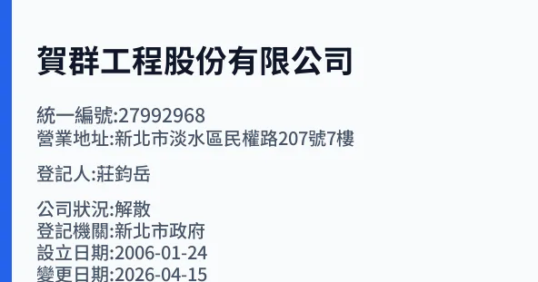 賀群工程股份有限公司的照片-統編 27992968(新北市) 公司登記資料與營業項目詳細圖表