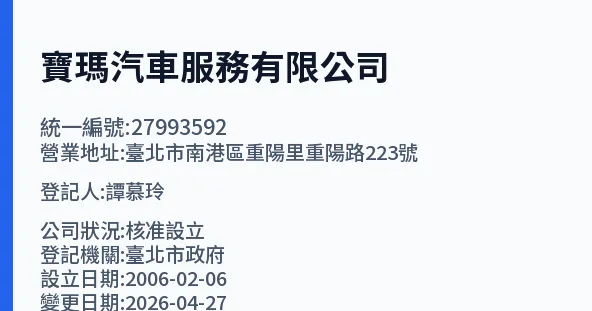寶瑪汽車服務有限公司的照片-統編 27993592(臺北市) 公司登記資料與營業項目詳細圖表