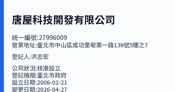 唐屋科技開發有限公司的照片-統編 27996009(臺北市) 公司登記資料與營業項目詳細圖表