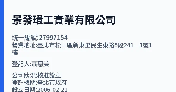 景發環工實業有限公司的照片-統編 27997154(臺北市) 公司登記資料與營業項目詳細圖表