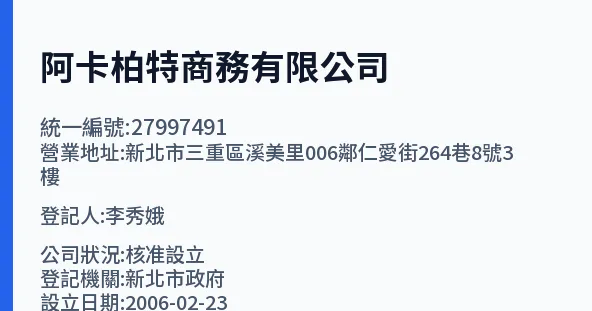 阿卡柏特商務有限公司的照片-統編 27997491(新北市) 公司登記資料與營業項目詳細圖表