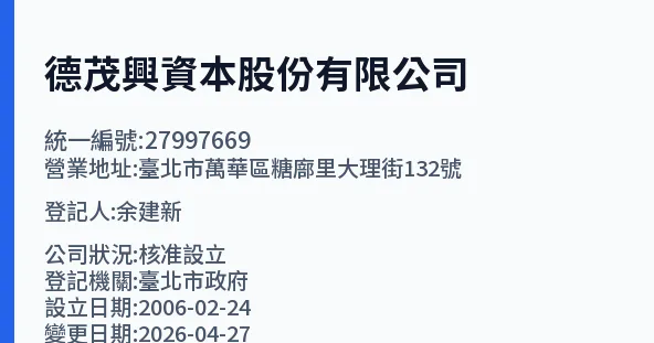 德茂興資本股份有限公司的照片-統編 27997669(臺北市) 公司登記資料與營業項目詳細圖表