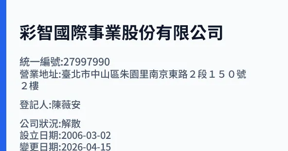 彩智國際事業股份有限公司的照片-統編 27997990(臺北市) 公司登記資料與營業項目詳細圖表