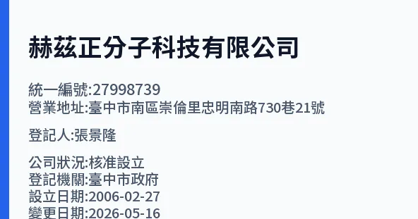 赫茲正分子科技有限公司的照片-統編 27998739(臺中市) 公司登記資料與營業項目詳細圖表
