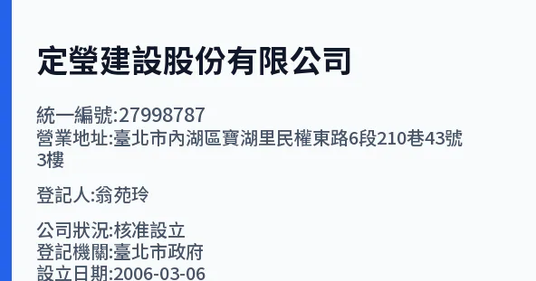 定瑩建設股份有限公司的照片-統編 27998787(臺北市) 公司登記資料與營業項目詳細圖表