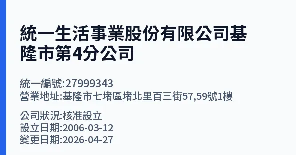 統一生活事業股份有限公司基隆市第4分公司的照片-統編 27999343(基隆市) 公司登記資料與營業項目詳細圖表