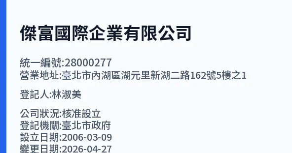 傑富國際企業有限公司的照片-統編 28000277(臺北市) 公司登記資料與營業項目詳細圖表