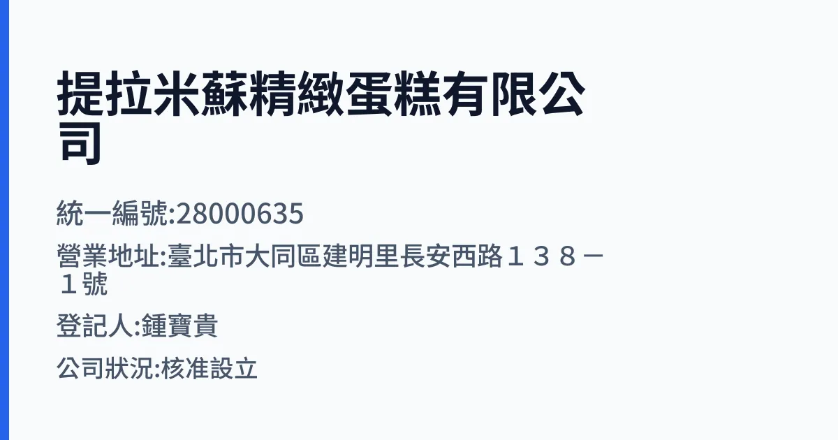 提拉米蘇精緻蛋糕有限公司 - 統編 28000635(臺北市) 公司登記資料與營業項目詳細圖表