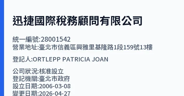 迅捷國際稅務顧問有限公司的照片-統編 28001542(臺北市) 公司登記資料與營業項目詳細圖表