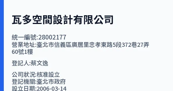 瓦多空間設計有限公司的照片-統編 28002177(臺北市) 公司登記資料與營業項目詳細圖表
