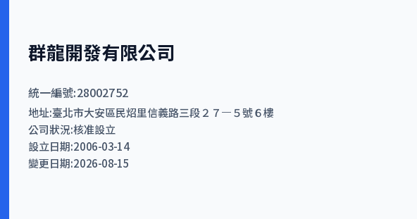 群龍開發有限公司的照片-統編 28002752 公司登記資料與營業項目詳細圖表