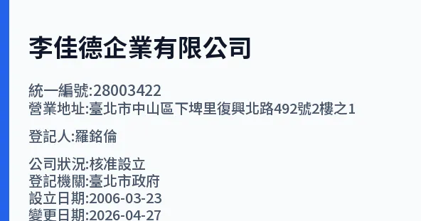 李佳德企業有限公司的照片-統編 28003422(臺北市) 公司登記資料與營業項目詳細圖表