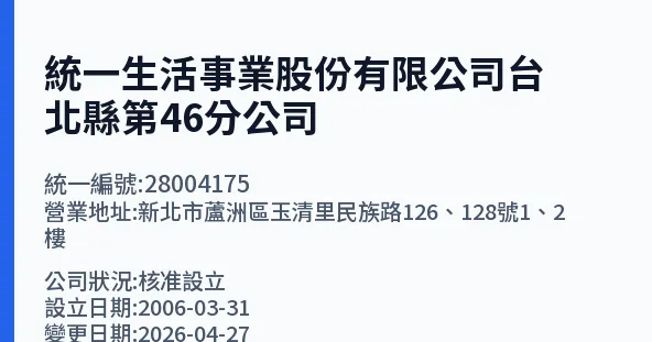 統一生活事業股份有限公司台北縣第46分公司的照片-統編 28004175(新北市) 公司登記資料與營業項目詳細圖表