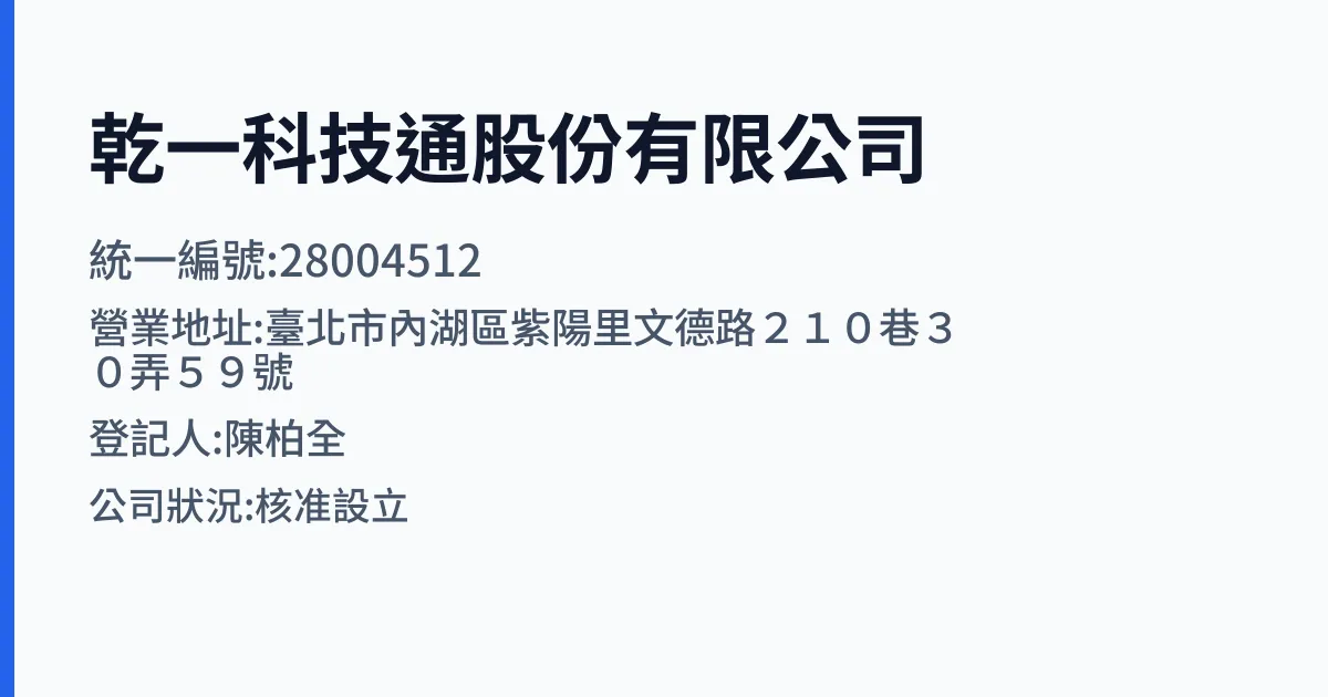 乾一科技通股份有限公司 - 統編 28004512(臺北市) 公司登記資料與營業項目詳細圖表