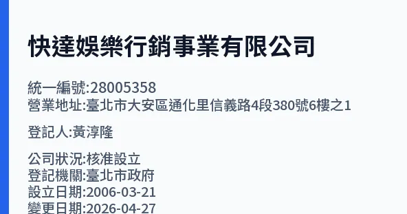 快達娛樂行銷事業有限公司的照片-統編 28005358(臺北市) 公司登記資料與營業項目詳細圖表
