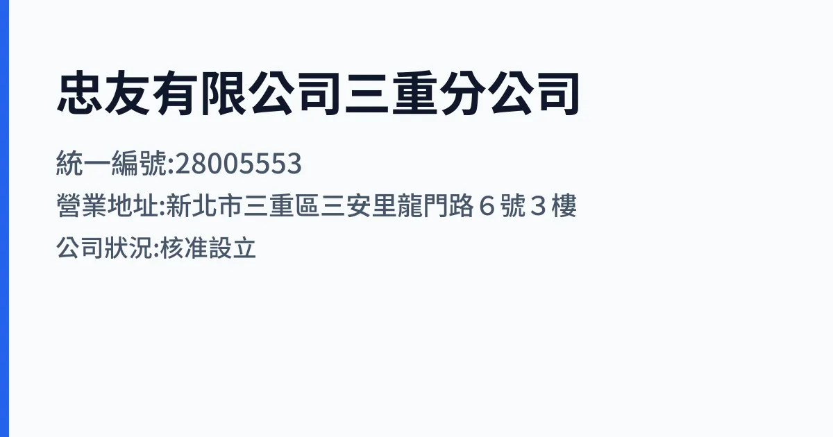 忠友有限公司三重分公司 - 統編 28005553(新北市) 公司登記資料與營業項目詳細圖表