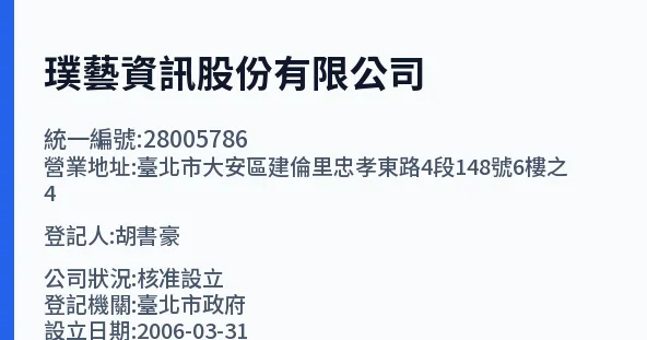 璞藝資訊股份有限公司的照片-統編 28005786(臺北市) 公司登記資料與營業項目詳細圖表