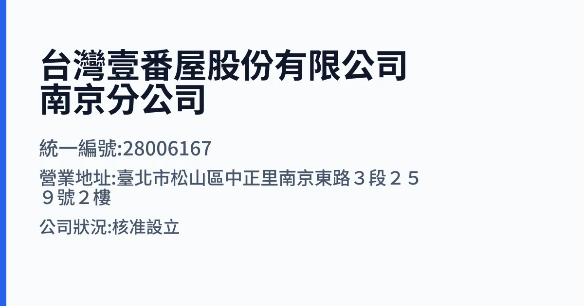 台灣壹番屋股份有限公司南京分公司 - 統編 28006167(臺北市) 公司登記資料與營業項目詳細圖表