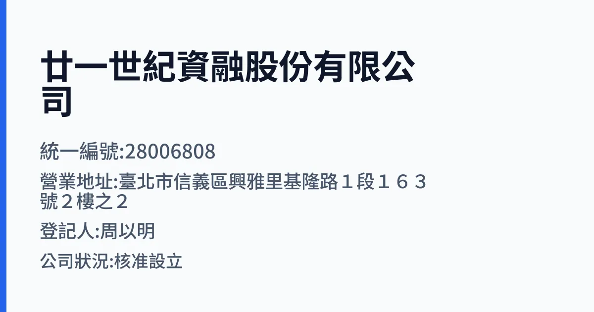 廿一世紀資融股份有限公司 - 統編 28006808 (臺北市) 公司登記資料與營業項目詳細圖表