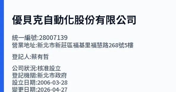 優貝克自動化股份有限公司的照片-統編 28007139(新北市) 公司登記資料與營業項目詳細圖表
