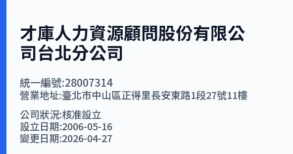 才庫人力資源顧問股份有限公司台北分公司的照片-統編 28007314(臺北市) 公司登記資料與營業項目詳細圖表