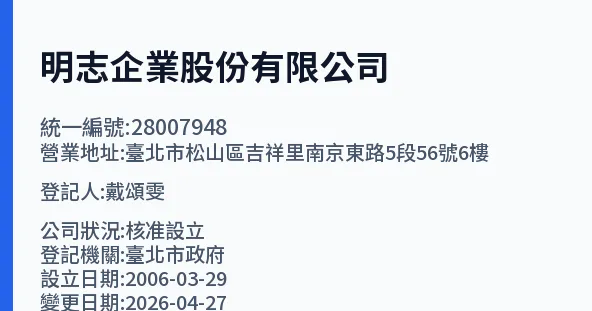 明志企業股份有限公司的照片-統編 28007948(臺北市) 公司登記資料與營業項目詳細圖表