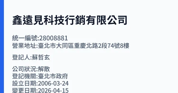 鑫遠見科技行銷有限公司的照片-統編 28008881(臺北市) 公司登記資料與營業項目詳細圖表