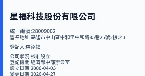 星福科技股份有限公司的照片-統編 28009002(基隆市) 公司登記資料與營業項目詳細圖表