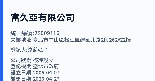 富久亞有限公司的照片-統編 28009116(臺北市) 公司登記資料與營業項目詳細圖表