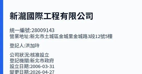 新瀧國際工程有限公司的照片-統編 28009143(新北市) 公司登記資料與營業項目詳細圖表