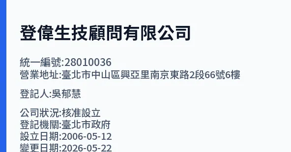 登偉生技顧問有限公司的照片-統編 28010036(臺北市) 公司登記資料與營業項目詳細圖表