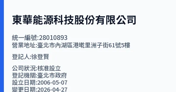 東華能源科技股份有限公司的照片-統編 28010893(臺北市) 公司登記資料與營業項目詳細圖表