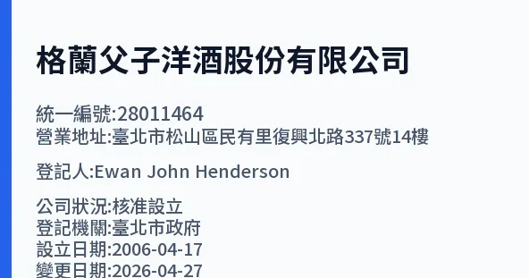 格蘭父子洋酒股份有限公司的照片-統編 28011464(臺北市) 公司登記資料與營業項目詳細圖表