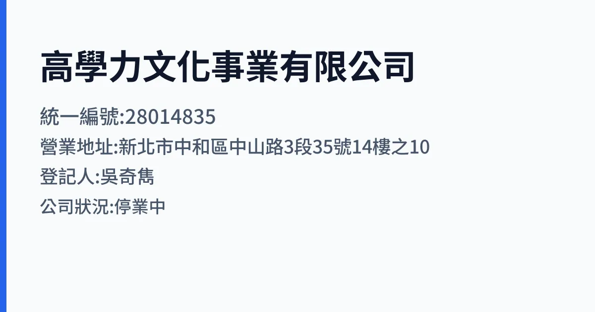 高學力文化事業有限公司 - 統編 28014835(新北市) 公司登記資料與營業項目詳細圖表