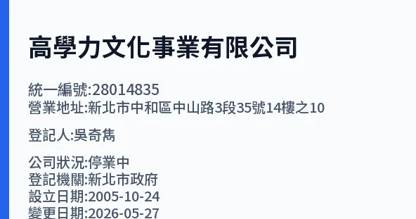 高學力文化事業有限公司的照片-統編 28014835(新北市) 公司登記資料與營業項目詳細圖表