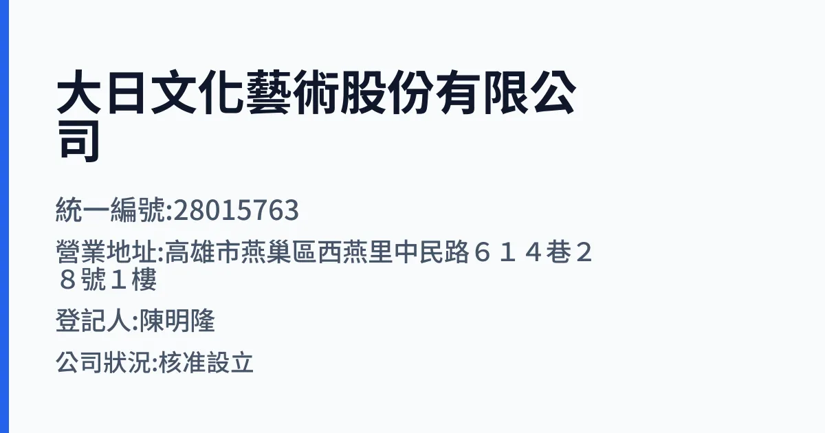 大日文化藝術股份有限公司 - 統編 28015763(高雄市) 公司登記資料與營業項目詳細圖表