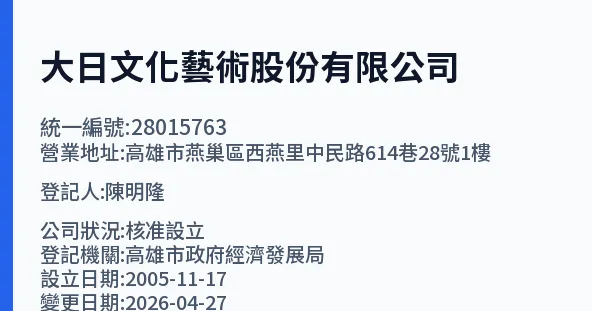 大日文化藝術股份有限公司的照片-統編 28015763(高雄市) 公司登記資料與營業項目詳細圖表