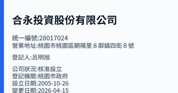 合永投資股份有限公司的照片-統編 28017024(桃園市) 公司登記資料與營業項目詳細圖表