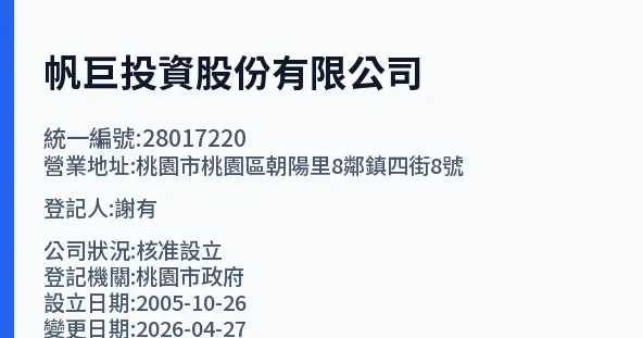 帆巨投資股份有限公司的照片-統編 28017220(桃園市) 公司登記資料與營業項目詳細圖表