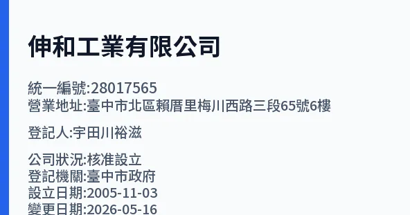 伸和工業有限公司的照片-統編 28017565(臺中市) 公司登記資料與營業項目詳細圖表