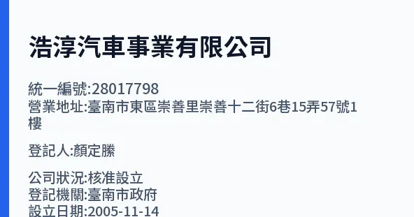 浩淳汽車事業有限公司的照片-統編 28017798(臺南市) 公司登記資料與營業項目詳細圖表